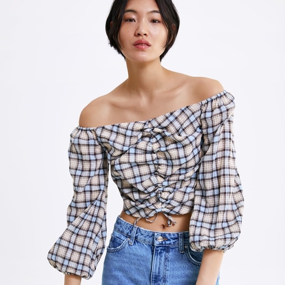 Zara | Tops | Nwt Zara Off Shoulder Plaid Ruched Top | Poshmark